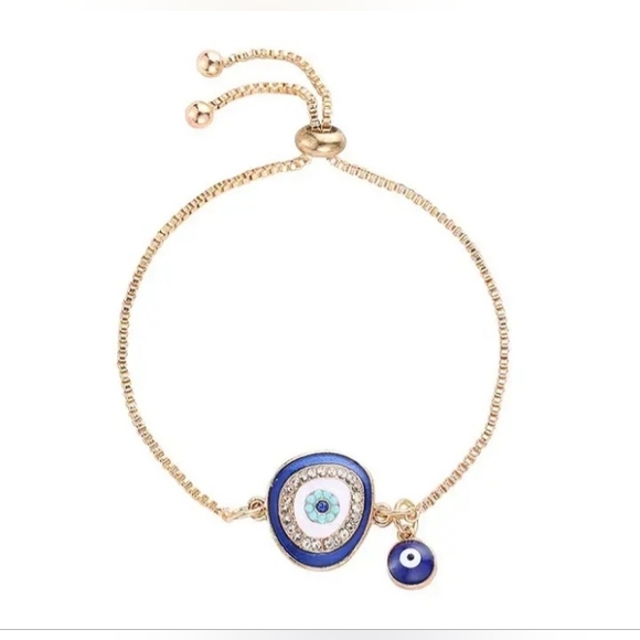 Jewelry | Evil Eye Bracelet Adjustable Slider In Gold Blue White Wcz Diamonds Rhinestones | Poshmark